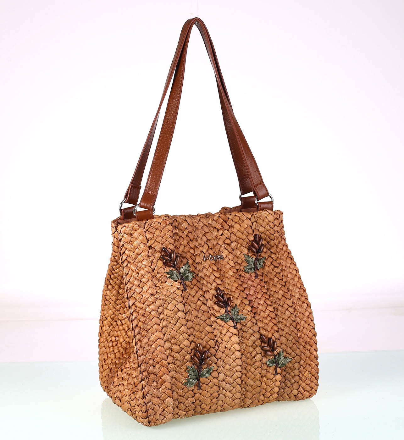 Női szalma táska Kbas virágokkal barna